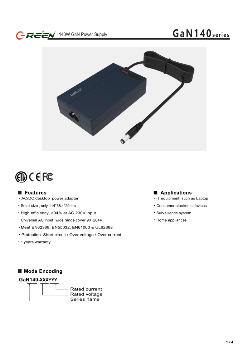 GaN 140-xy 140W 12V~60V ACDC power supply-Power Adapter & PD- Green